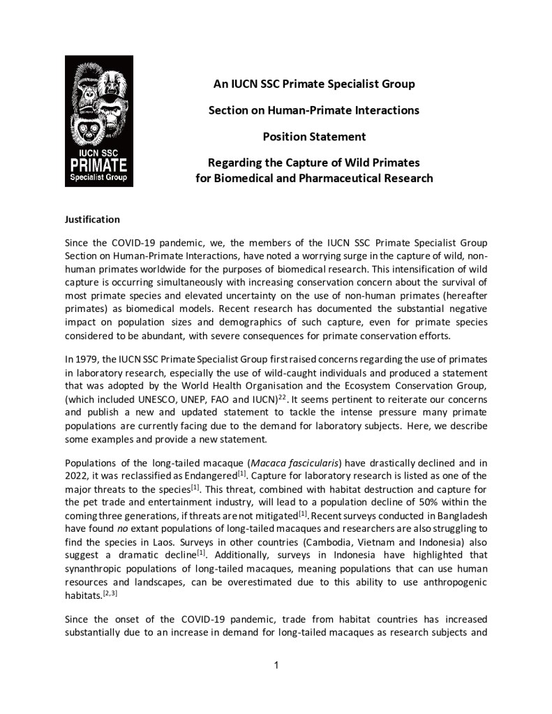 Position Statement Regarding the Capture of Wild Primates for ...